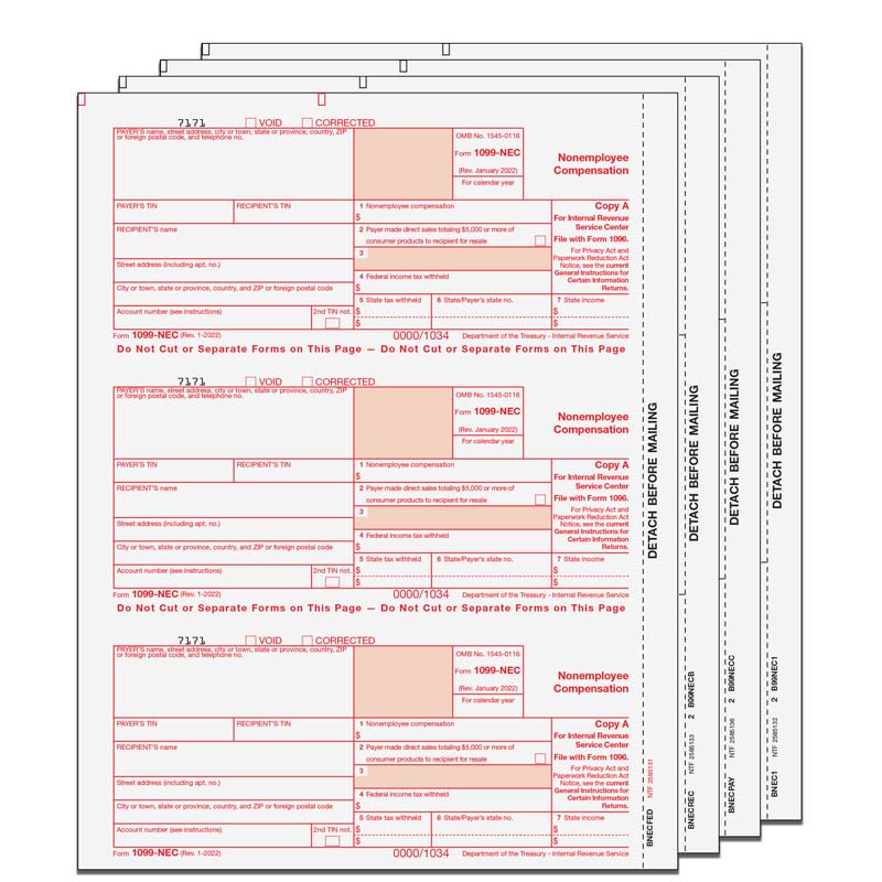 1099-NEC Nonemployee Compensation 4-Part Packaged Set